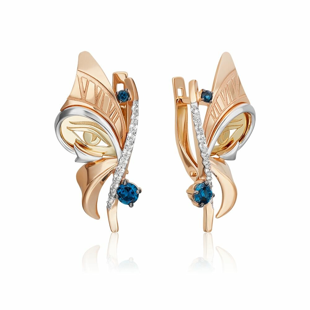 Серьги, комбинированное золото, 585 проба, топаз