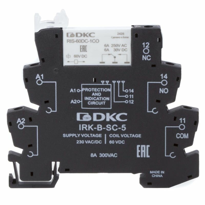 Реле интерфейсное 1CO ком. ток 6А AgSnO2 напряжение 230В AC/DC винтовые клеммы DKC IRK-230UC-1CO