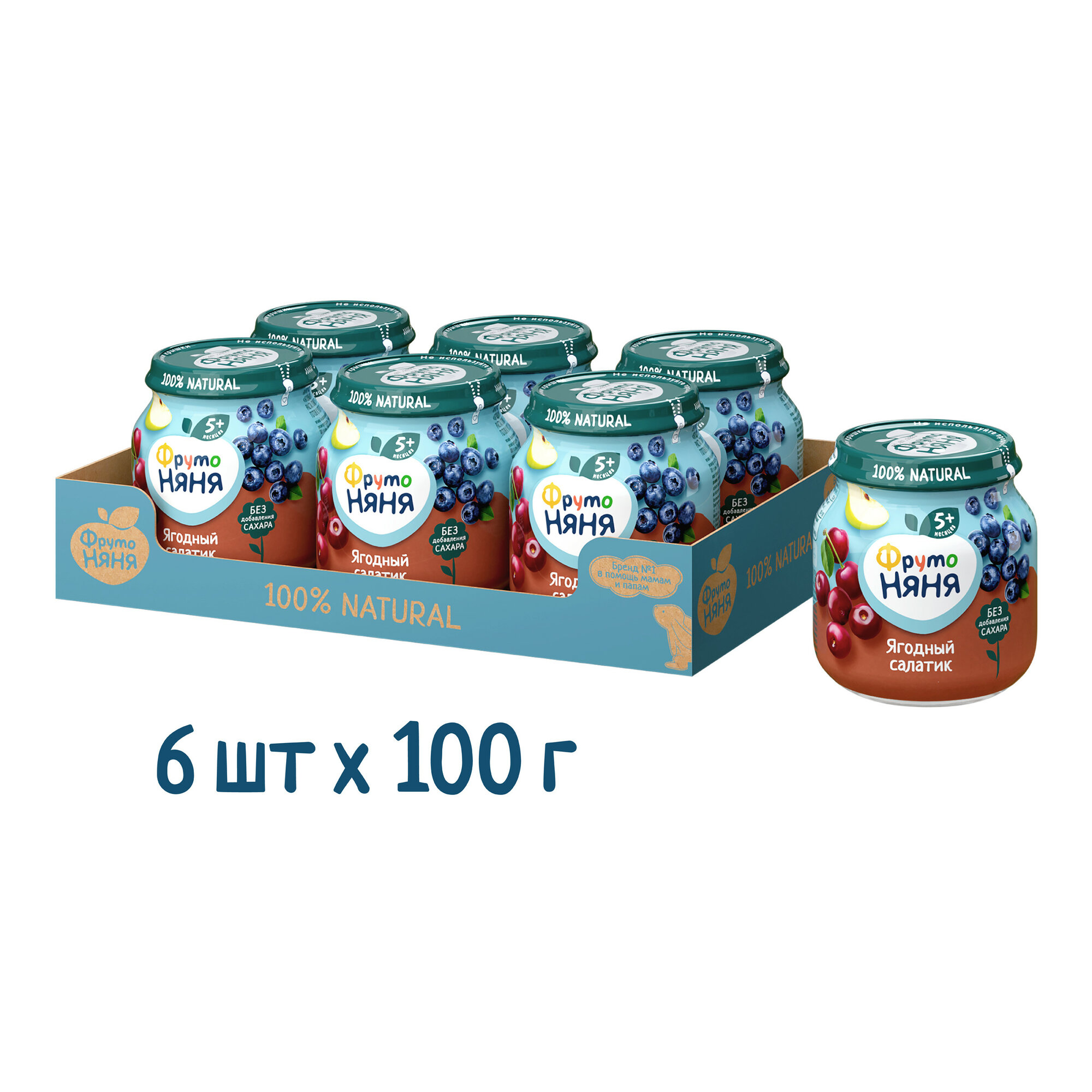 Пюре фруктовое ФрутоНяня ягодный салатик из черники, аронии 100 г х 6 шт