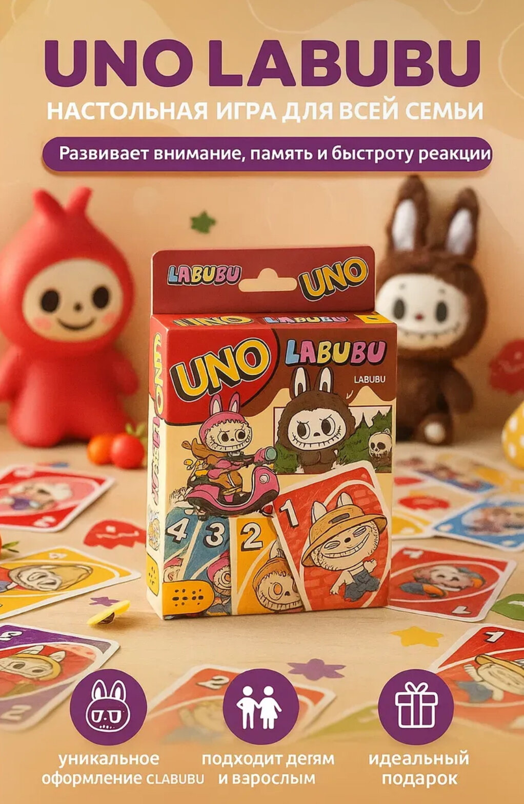 Настольная игра Уно Лабубу Uno Labubu, карточная, дорожная, 108 карт, для детей и взрослых
