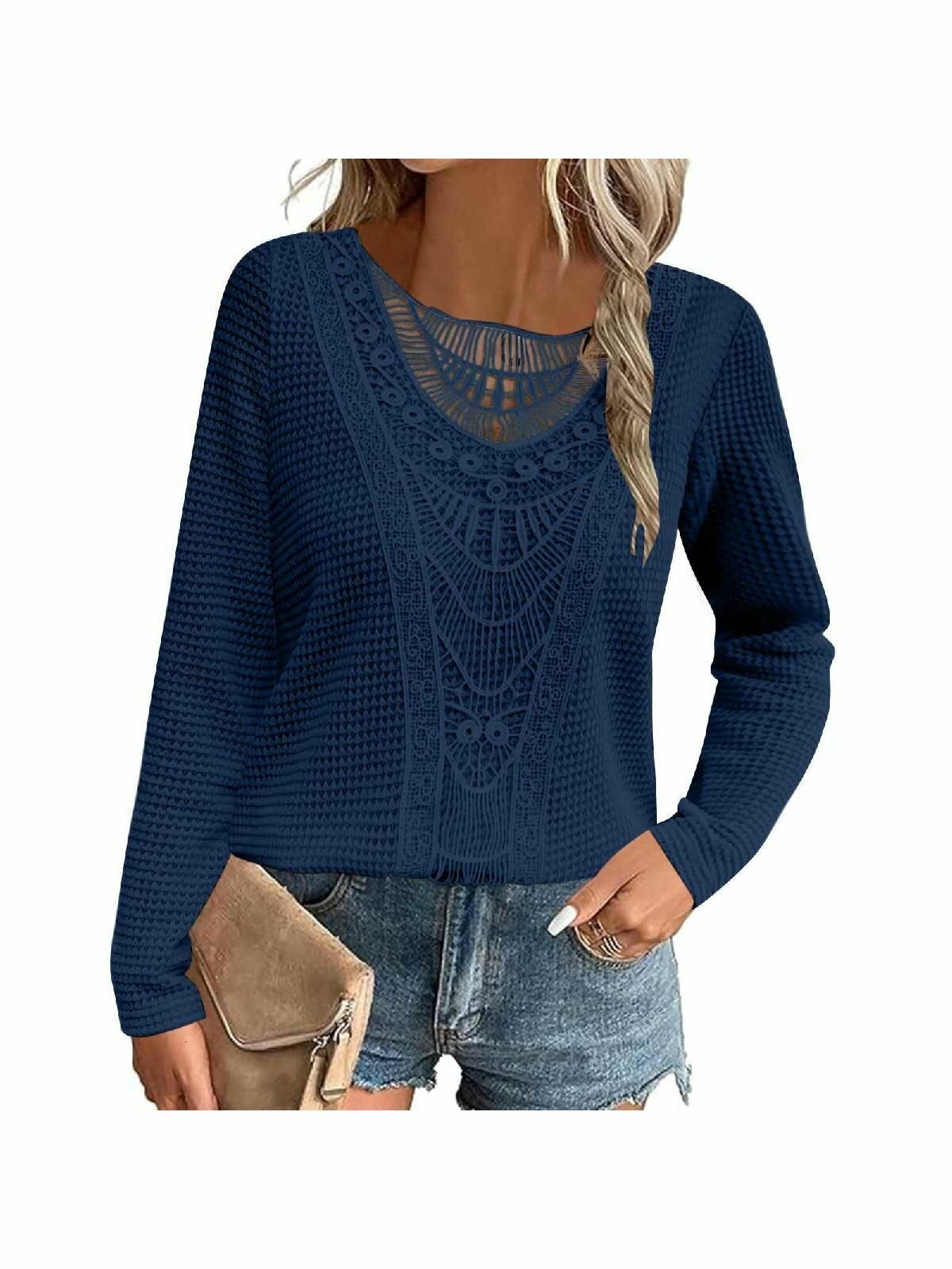 Женская кружевная кофта с длинным рукавом, темно-синий - M