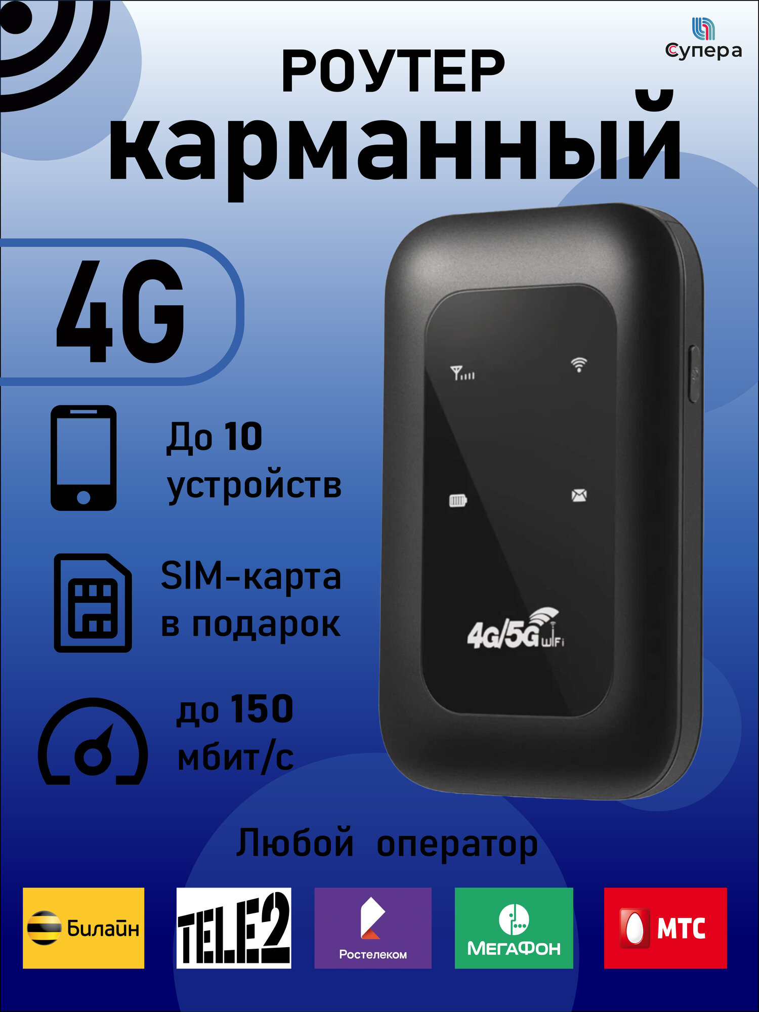 Карманный переносной роутер 4G/5G, любые операторы, скорость до 150 МБ/с.