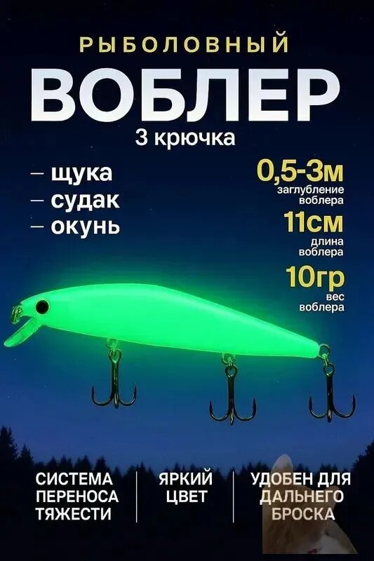 Воблер для рыбалки минноу светящийся в темноте 7см.
