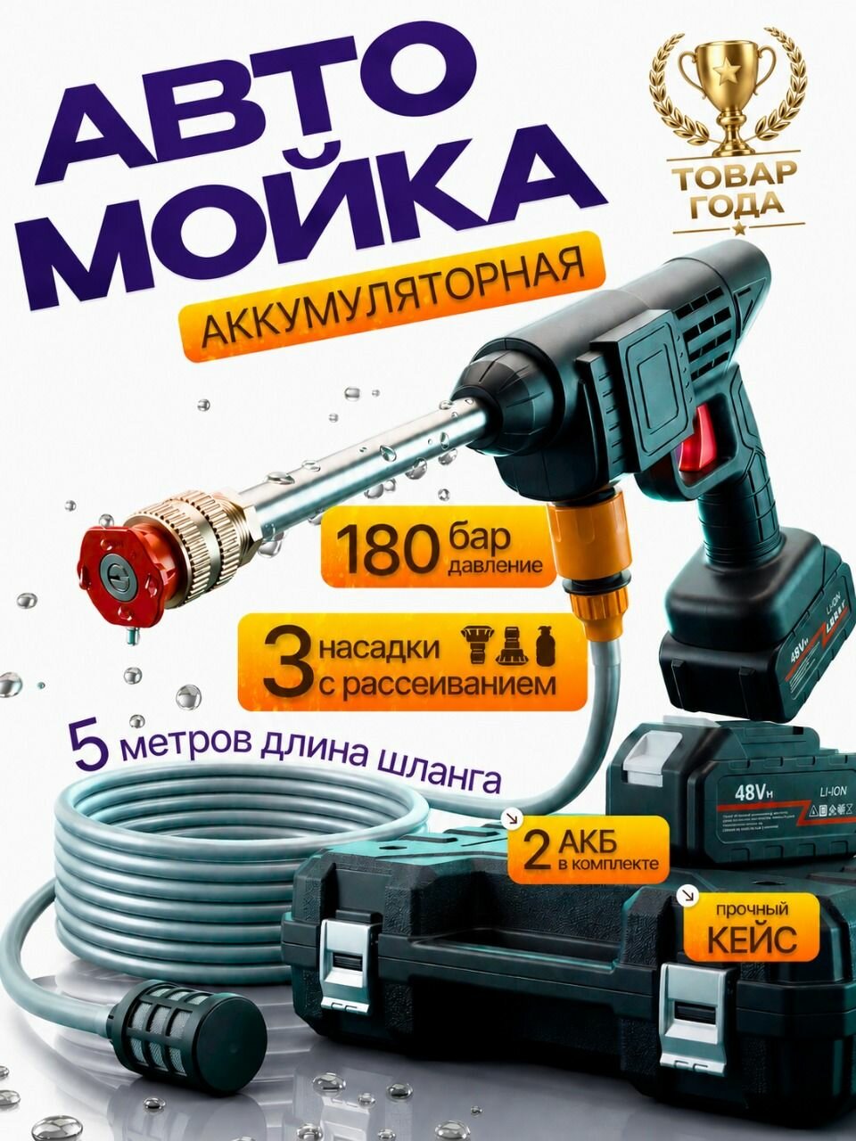 Автомойка ручная аккумуляторная высокого давления для автомобиля, 2 АКБ в кейсе.