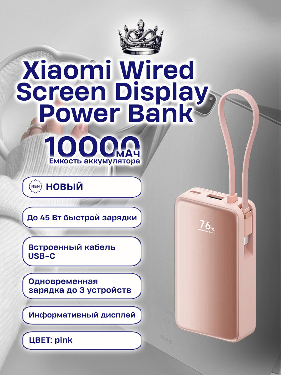 Внешний аккумулятор Xiaomi Wired Screen, 10000 mAh, с дисплеем, Li-Ion, розовый