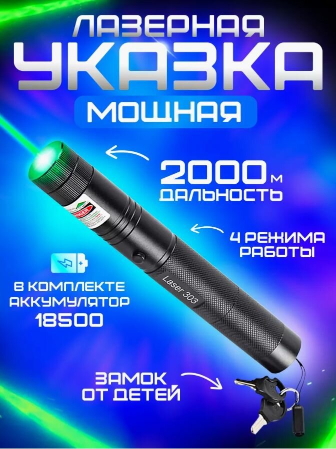 Зеленая лазерная указка мощная SimpleShop на аккумуляторе с насадками, диммером/ Зеленый луч для учителя, презентаций, конференций/ Лазер для подачи сигнала и туризма
