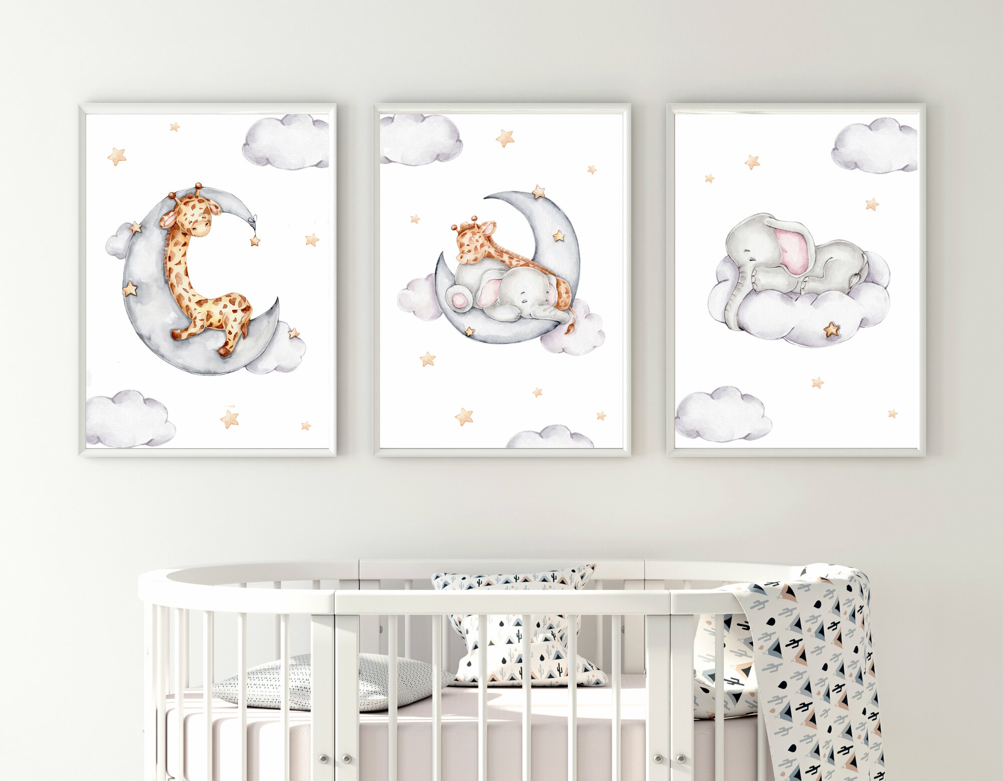 Интерьерный постер в детскую комнату набор 3 шт в акварельной технике "Слоник и жираф"