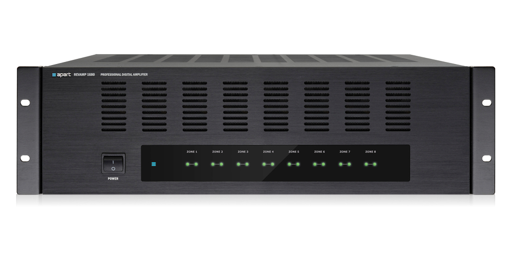 Усилитель BIAMP [REVAMP1680] (APART) 16-канальный, трансляционный: 16х80Вт /4Ом; 8х160Вт /8Ом. Вх: 16хRCA/Euroblock. BUS1-2:2х2RCA. Вых:16xEuroblock. 3U.