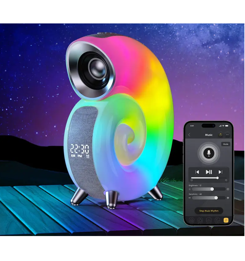 Bluetooth динамик Улитка с часами / Беспроводная колонка с RGB подсветкой / Многоцветный ночник с будильником