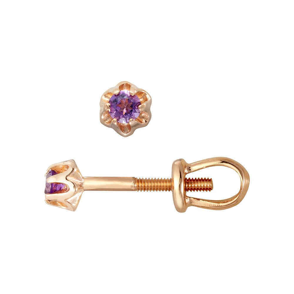 Серьги пусеты, красное золото, 585 проба, аметист