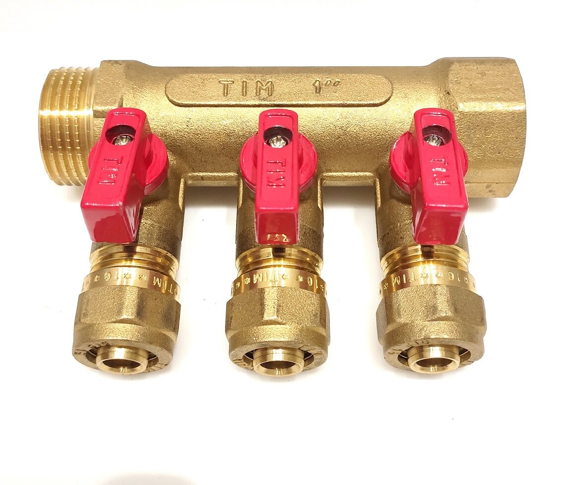 Коллектор TIM 1" с 3 кранами и выходами для трубы Pe-x 16x2,0мм