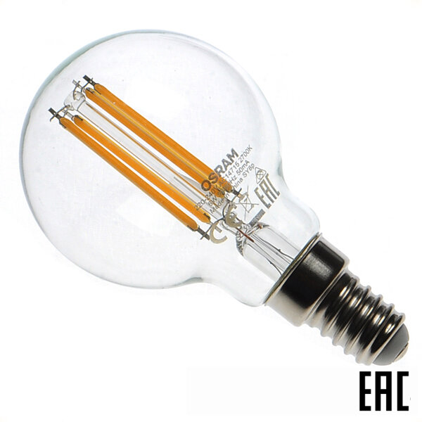 Лампа филаментная светодиодная 84515 OSRAM 6Вт 230В Е14 800Лм 2700K светодиодная "шарик" теплый белый свет OSRAM (2 шт. в комплекте)