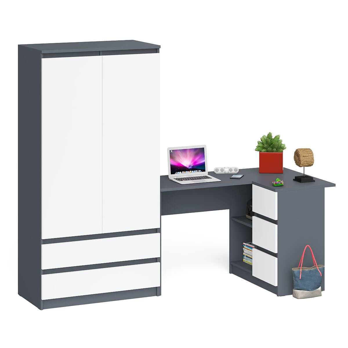Стол компьютерный угловой правый СВК Мори и шкаф-комод цвет графит/белый, 214,8х84,9х179,6 см.