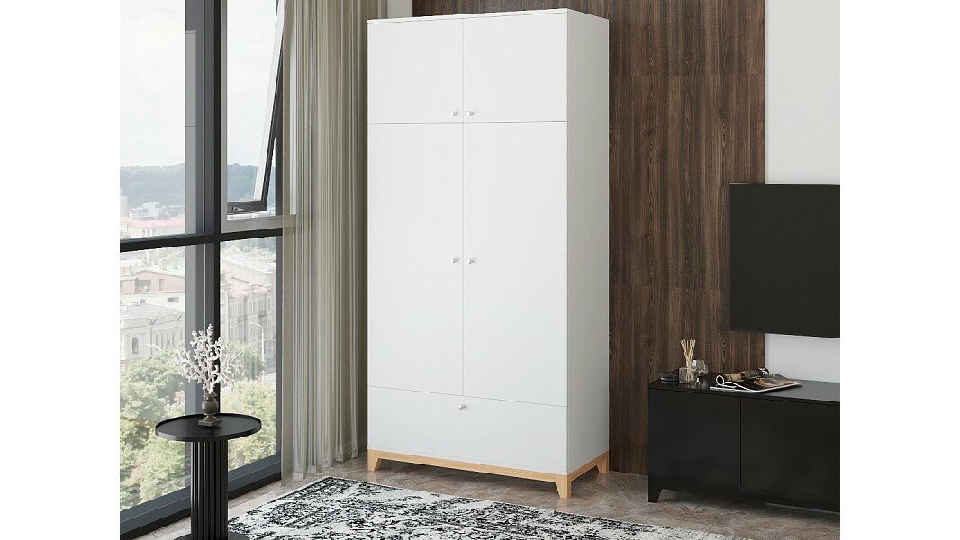 Распашной шкаф Хелен 30 Белый Фасадный 0101 PE / Бук Бавария 0381 PR NEW 100x50x210 см, GOODFORM