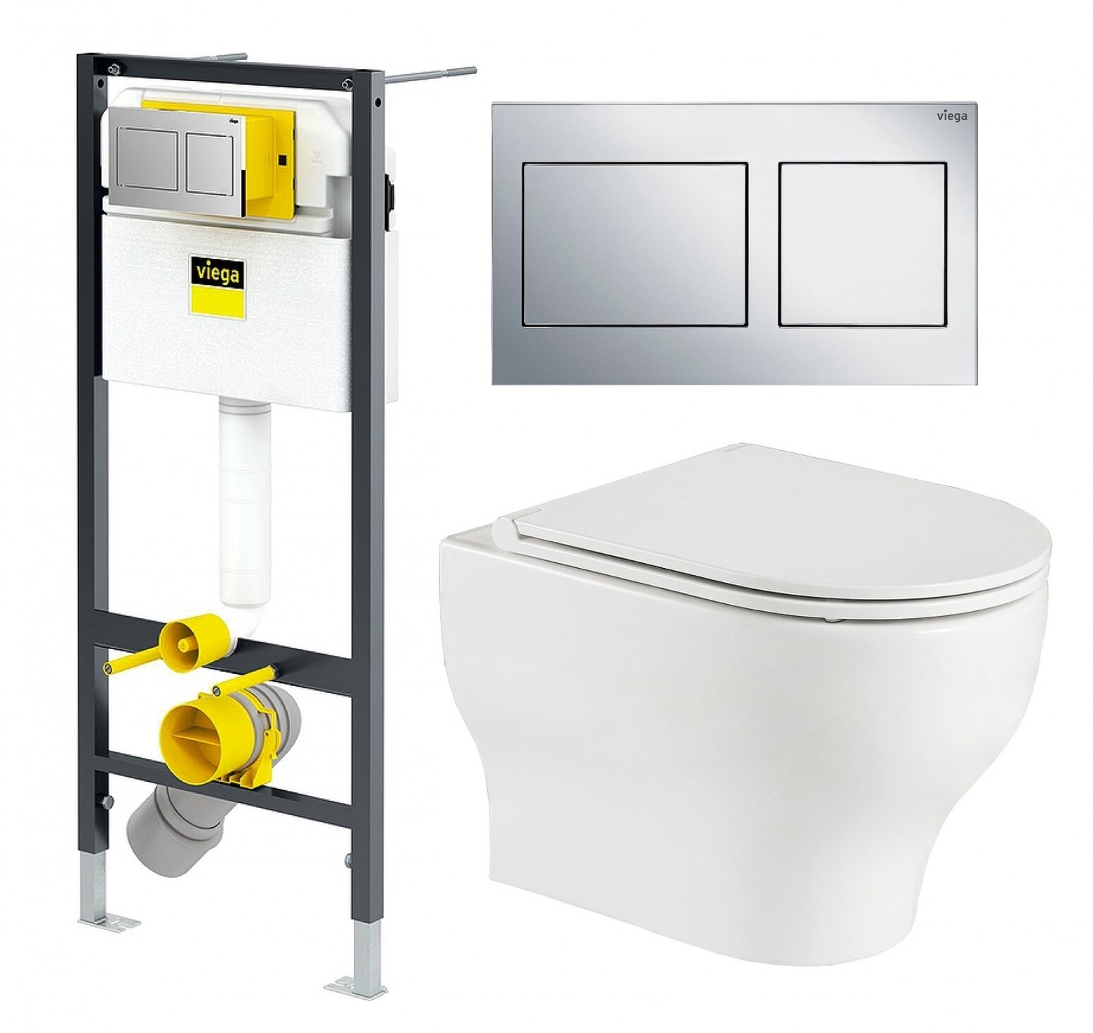 Комплект 3 в 1 инсталляция Viega Prevista Dry 8524.14 792596 + Подвесной унитаз WeltWasser Erlenbach 004 GL-WT + кнопка хром