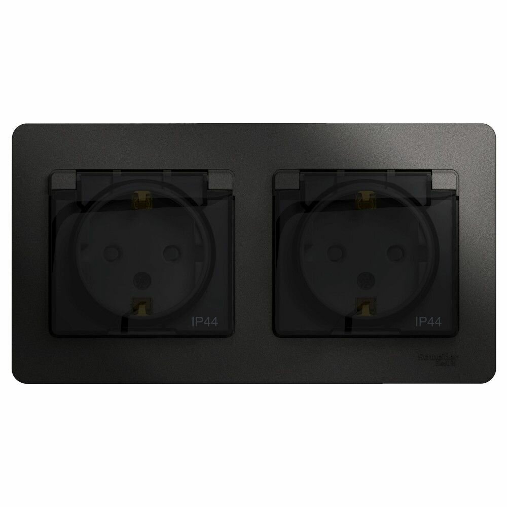 Розетка Glossa 16А IP44 250В двойная с заземлением со шторками с крышкой Systeme Electric/Schneider Electric скрытая установка в сборе с рамкой антрацит GSL000747