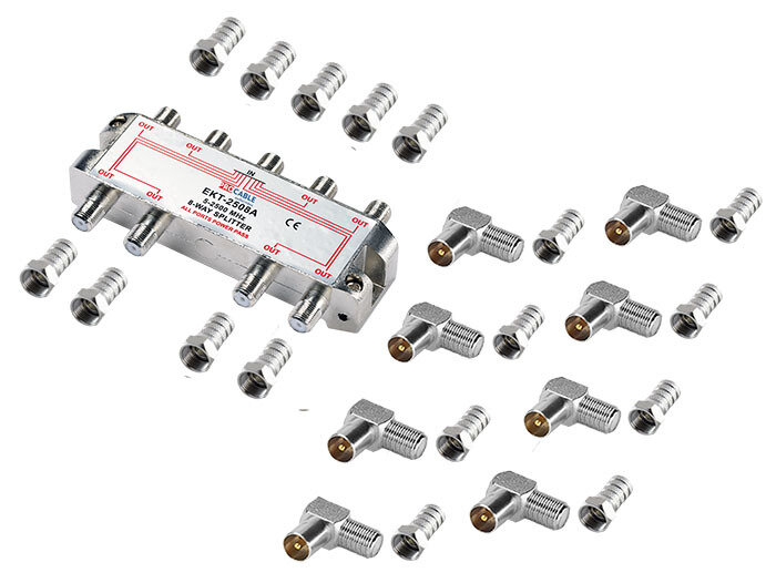 ТВ комплект №88: Делитель/сплиттер на 8 тв под F разъём 5-2500 MHz "спутник" с проходом питания, с разъёмом F (9 штук) и наборами - ТВ штекер угловой + F (8 штук)