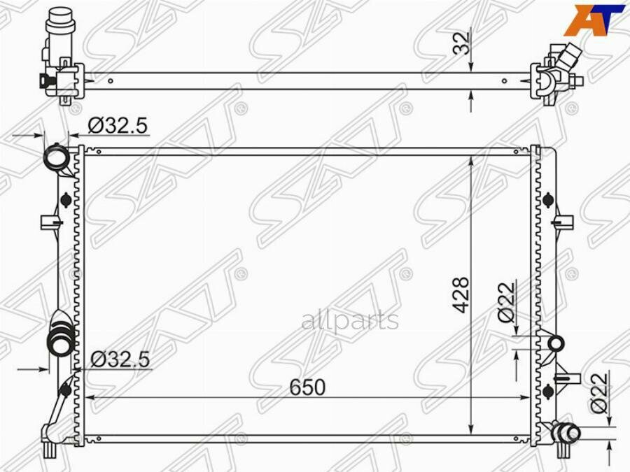 SAT VW0008-4 Радиатор Audi A3 03-13 / Skoda Octavia 04-13 / Volkswagen Golf 08-16 / Jetta 10-19 / Audi S3 08-12 /
