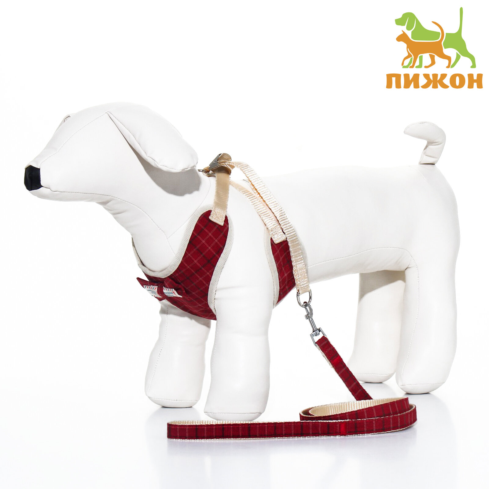 Комплект с мягкой шлейкой "Клетки", размер S, поводок, 120 x 1.5 см, ОГ 28-62 см, красный