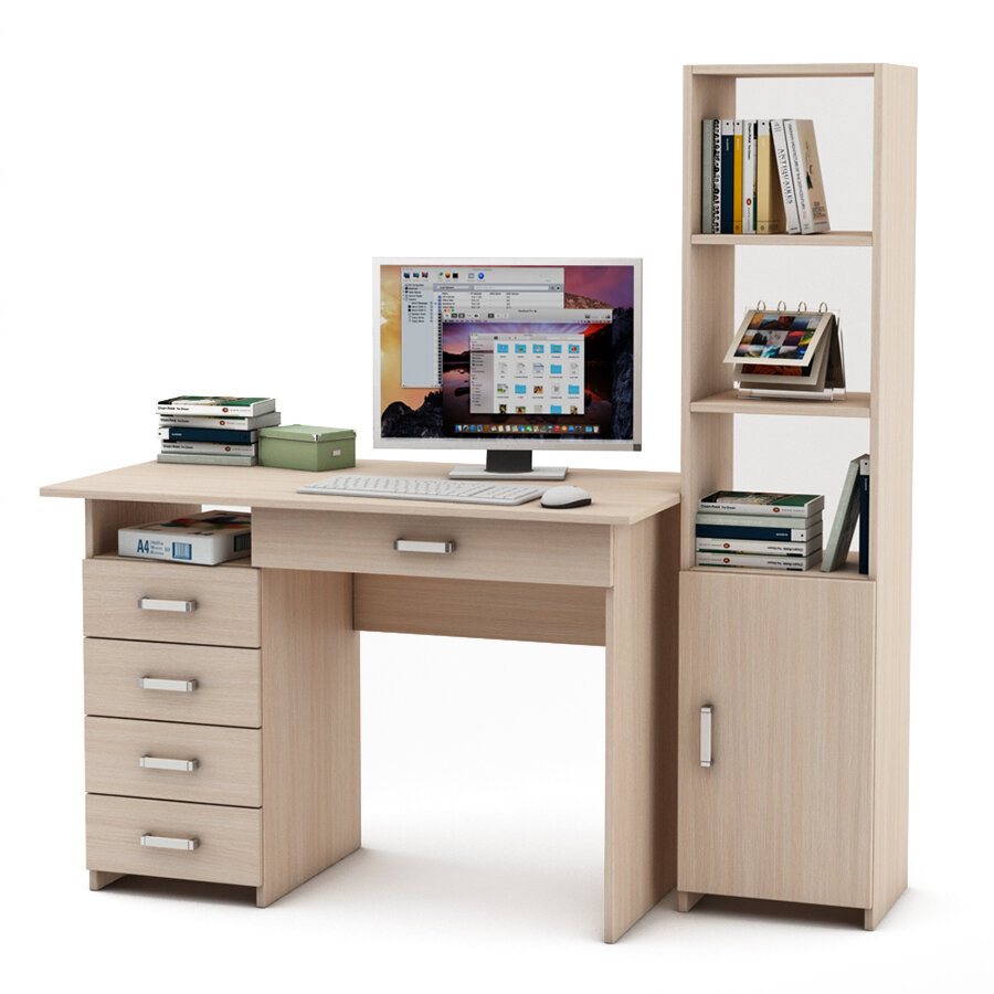 Стол письменный, компьютерный Лайт (Ньюкасл) 4Я с ящиком и стеллажом 145х60х149,2 см, Дуб молочный