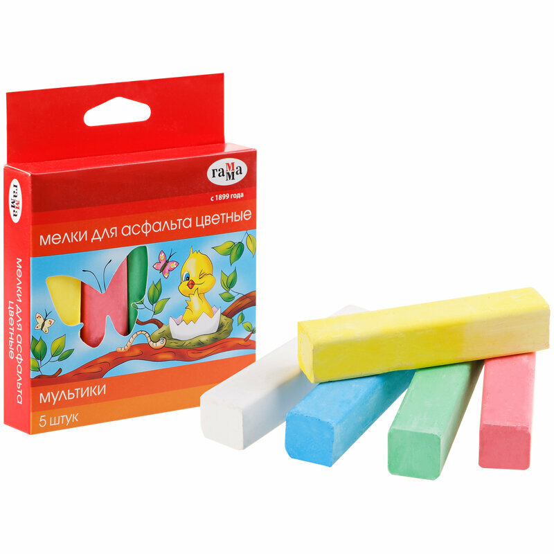Мелки для асфальта Гамма"Мультики", цветные,5шт,5цв, квадратные, упаковка картон, европодвес арт.285028