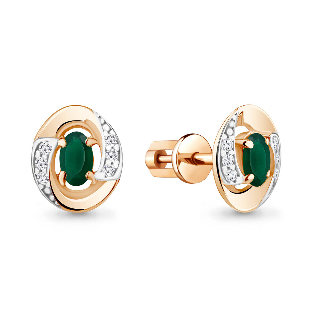 Серьги пусеты, серебро, 925 проба, золочение, фианит, агат