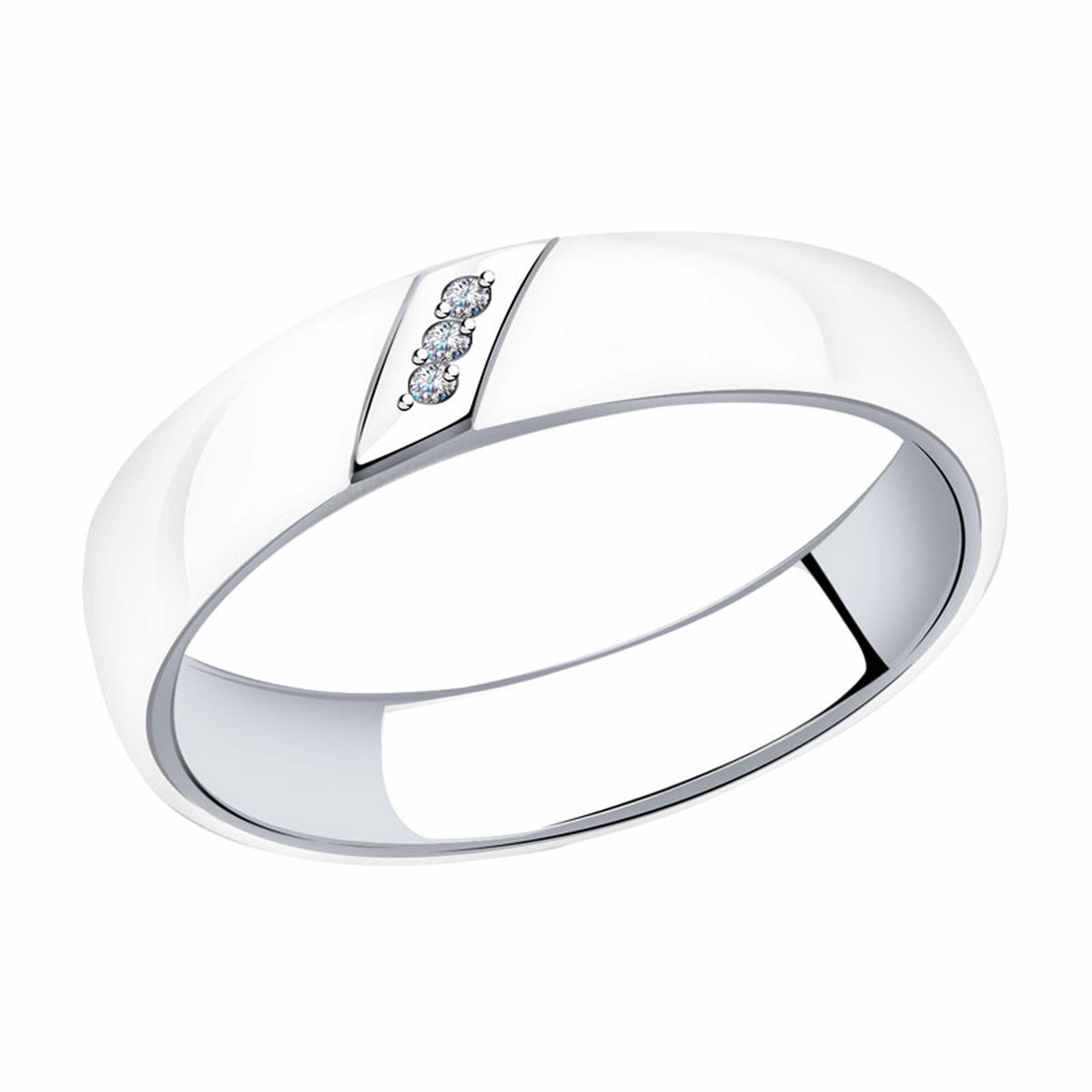 Кольцо обручальное, белое золото, 585 проба, керамика, бриллиант