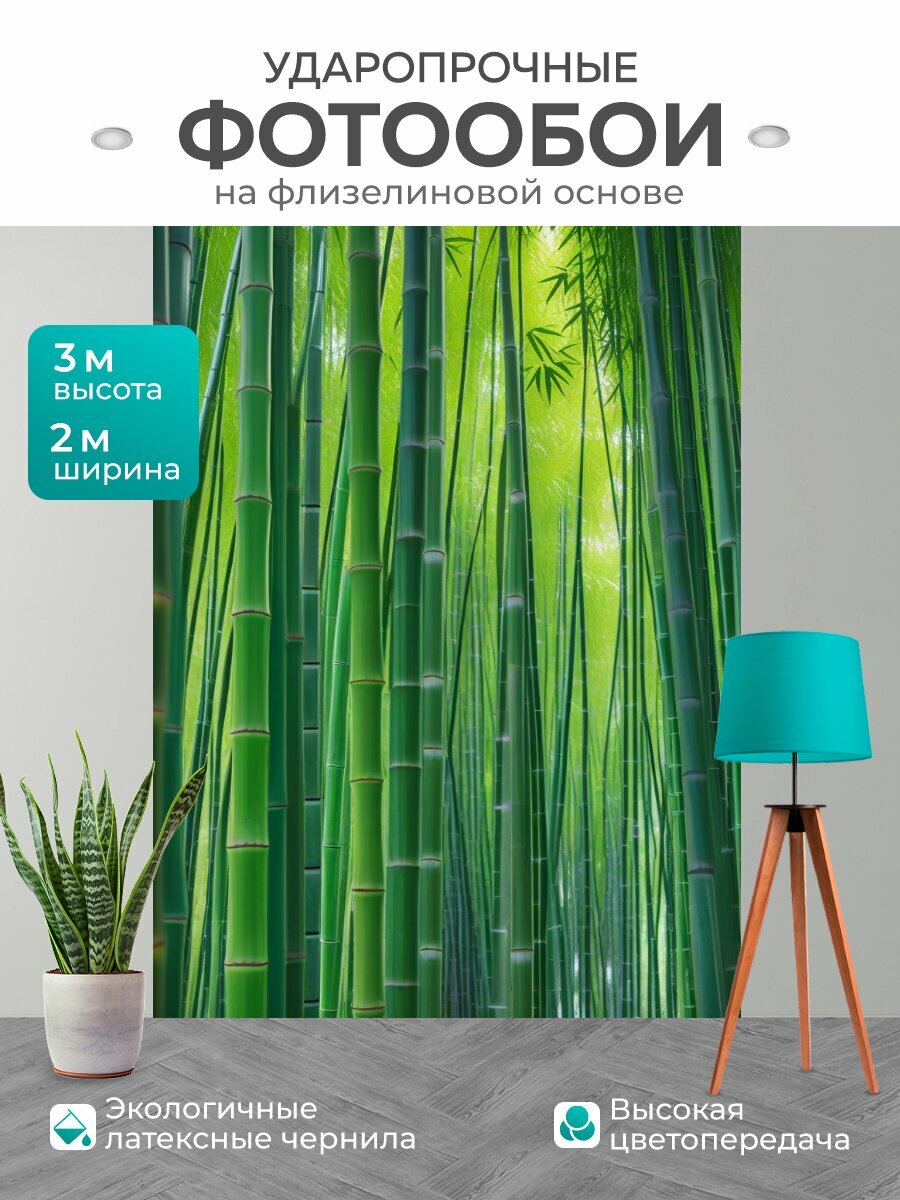 Фотообои моющиеся ударопрочные "Летний лес бамбука, яркие цвета" 200x300 см. флизелиновые на стену