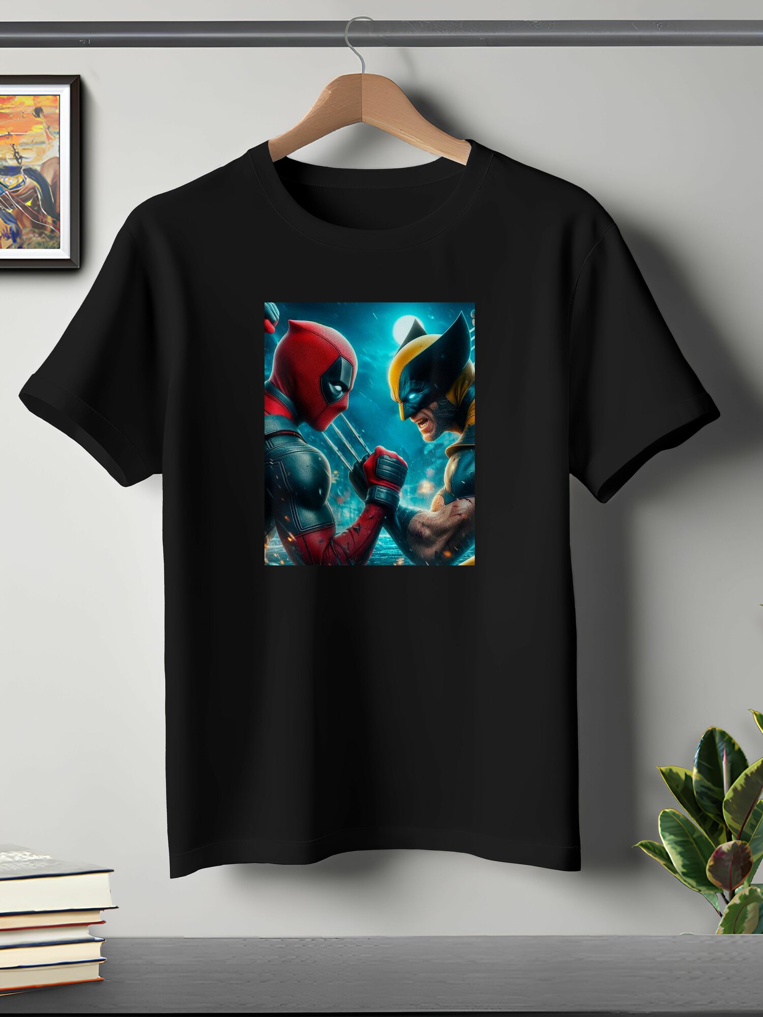 Футболка ONEQ унисекс 50-52 (XL) размер с принтом Дэдпул и Россомаха, черная