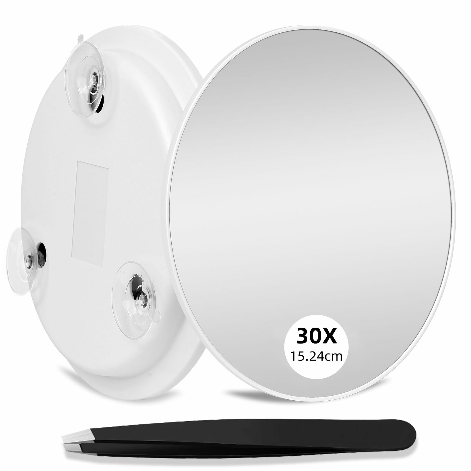 Набор из 30-кратной лупы и пинцета, 15,24 см, белая круглая лупа с узким ободком, 30-кратное дорожное увеличительное косметическое зеркало с 3 присосками, портативная лупа