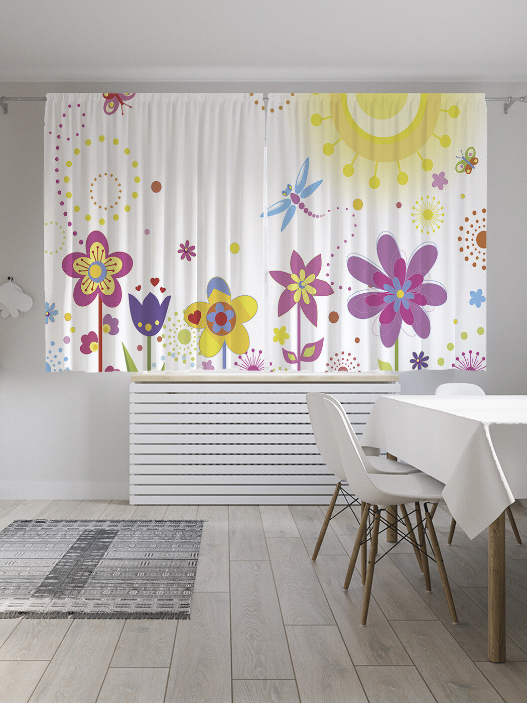 Фотошторы короткие "Солнышко над клумбой", 2 полотна шириной по 145 см, высота 180 см, JoyArty