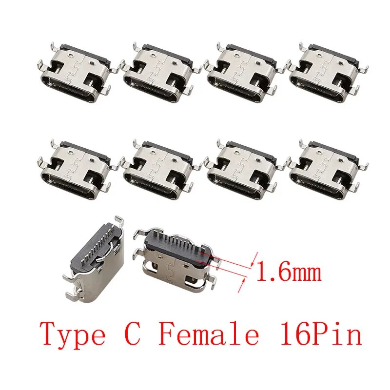 USB разъем типа C женский 2/6/16 pin для пайки 16Pin 1.6mm
