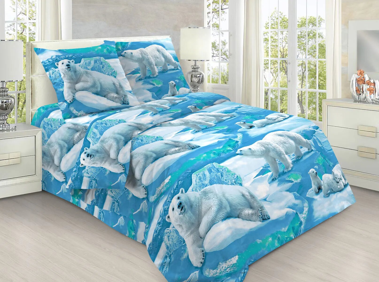 Комплект постельного белья бязь, плотность 125 гр, 100% хлопок, семейное, Мишка на севере