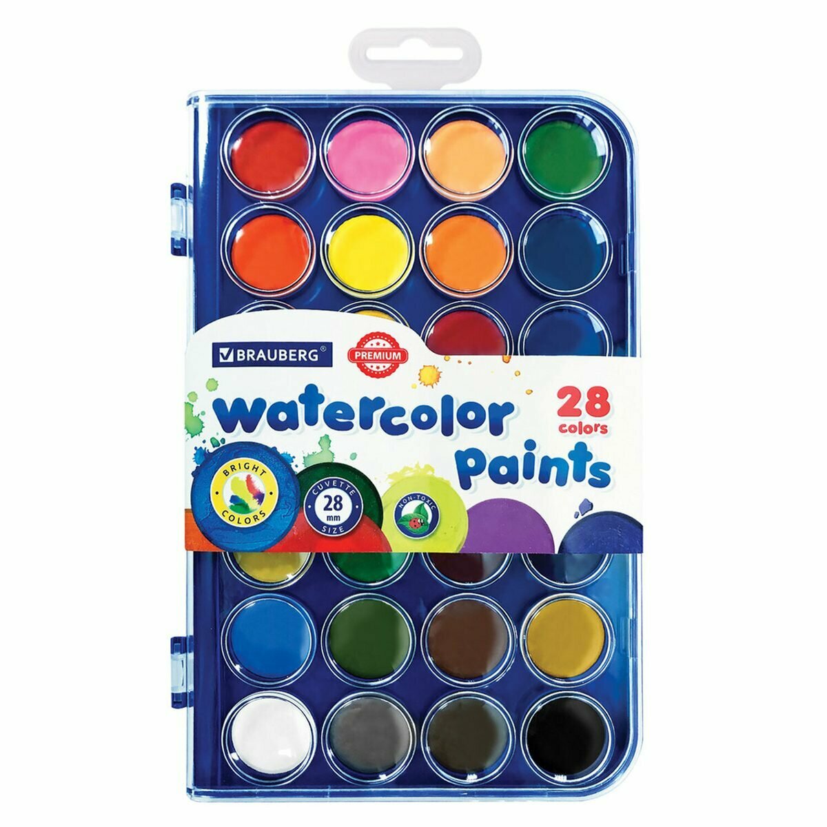 Краски акварельные 28 цветов Brauberg Premium, круглые кюветы 28мм, пенал (191745), 2 уп.