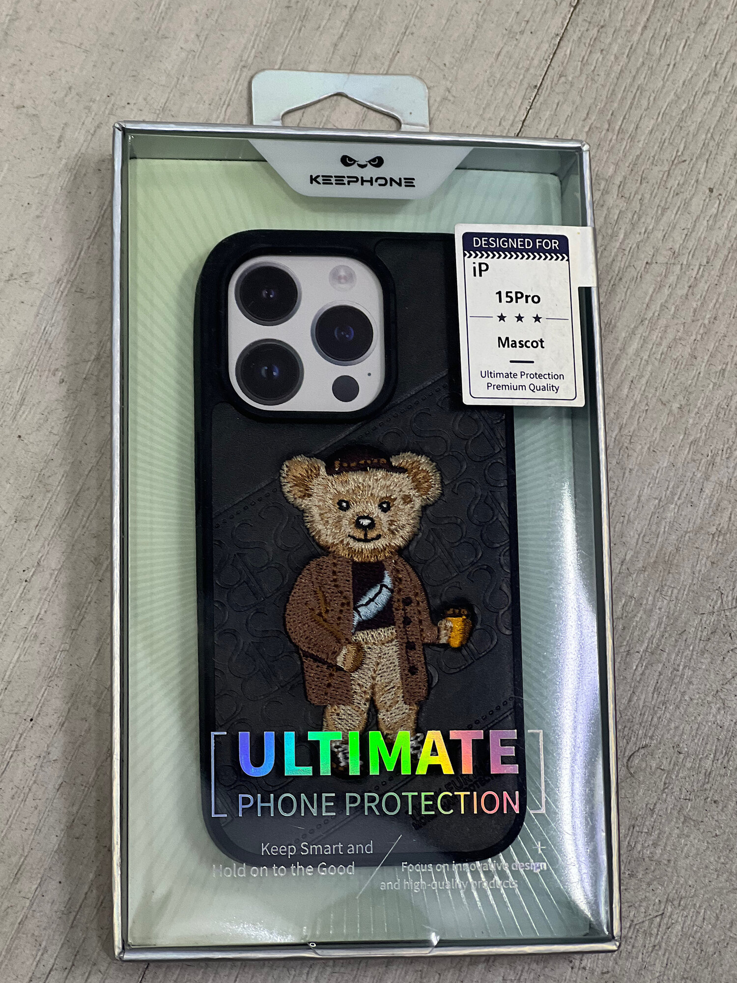 Keephone кожаный чехол для Iphone 15 про с трехмерной вышивкой Мишки-черный чехол на айфон 15 про с мишкой