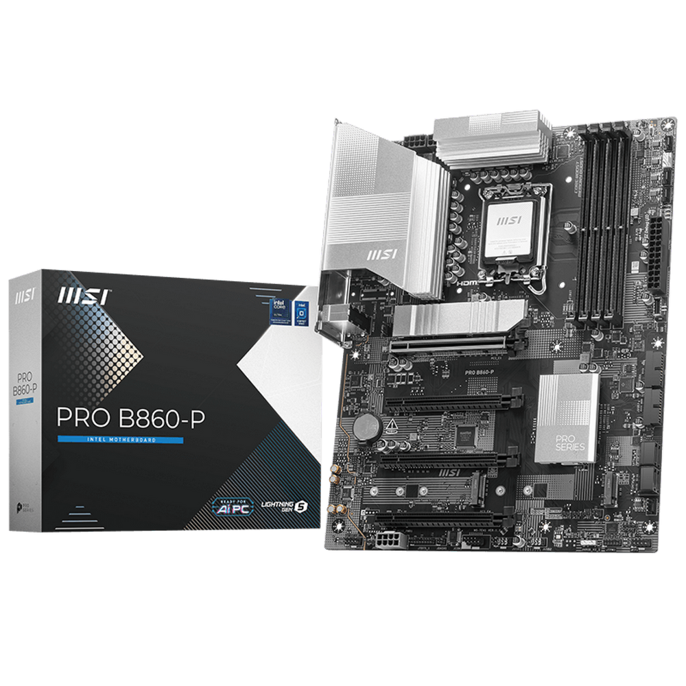 Материнская плата MSI PRO B860-P B860, LGA1851, 4*DDR5, 4*PCIEx16, 3*M.2, 1*TypeC, 2*USB3.2Gen2, 6*USB3.2Gen1, 8*USB2.0, 4*SATA3.0, 5G, Type-C(DP), DP, HDMI, ATX, RTL