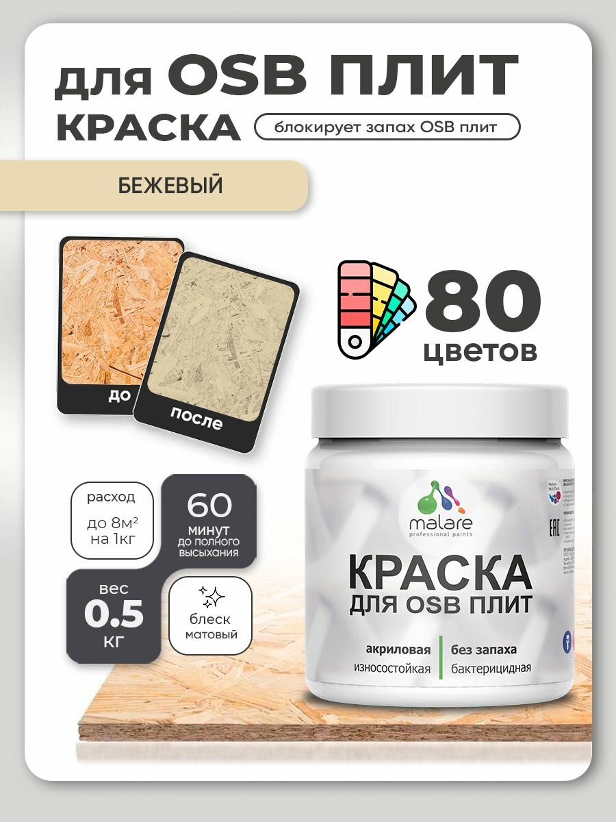 Акриловая краска для ОСБ плит Malare для дерева для наружных и внутренних работ, быстросохнущая без запаха матовая, бежевый, 0.5 кг