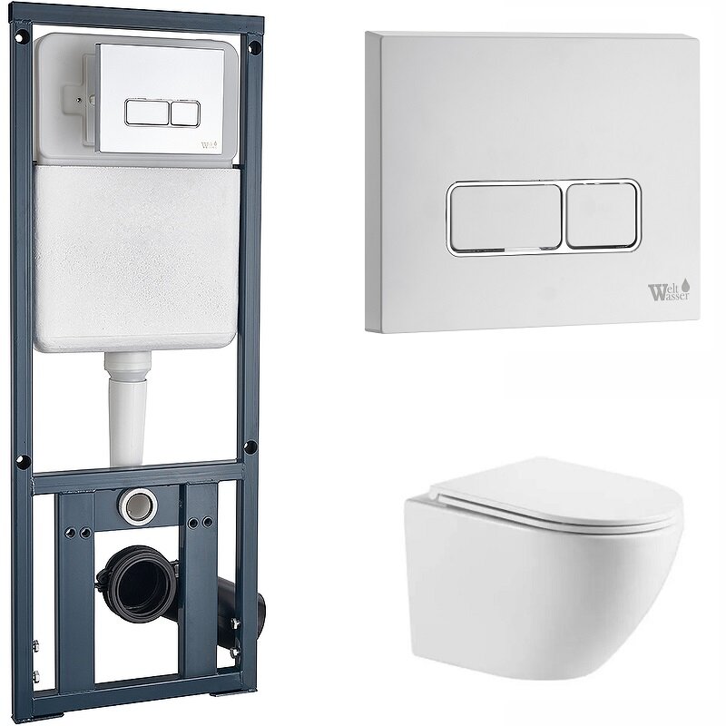 Унитаз подвесной WeltWasser MARBERG 410+MERZBACH 043 XL GL-WT+MAR 410 SE GL-WT белый/кнопка белая, безободковый, с крышкой микролифт, с инсталляцией, слив торнадо