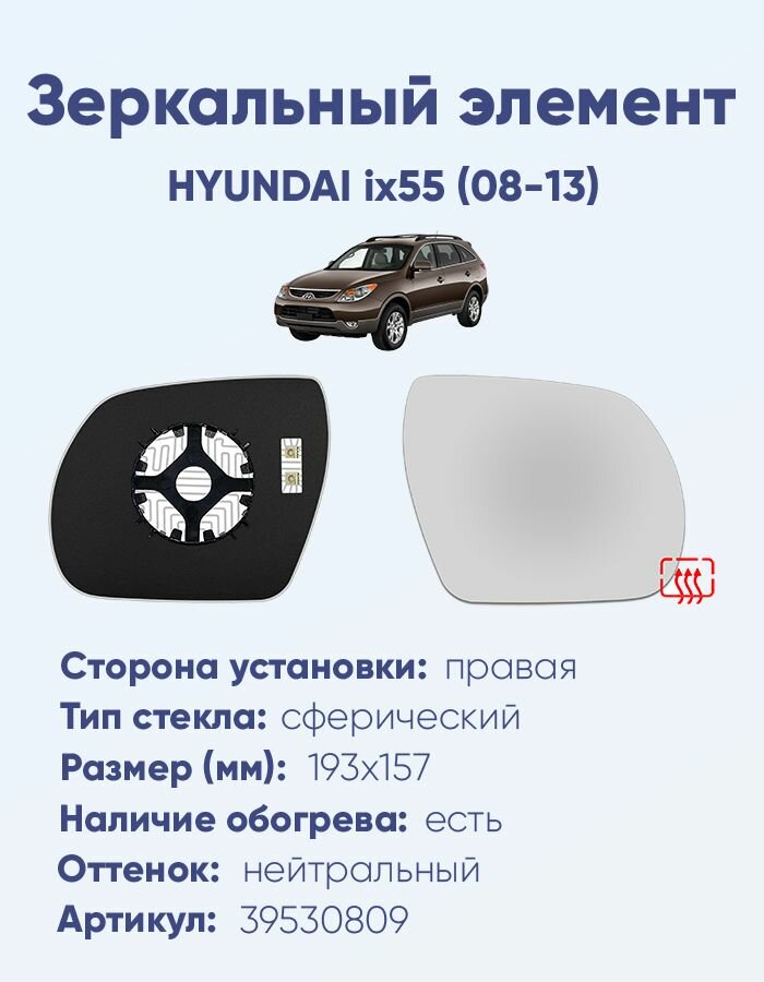 Зеркальный элемент правый HYUNDAI ix55 (08-13) сфера нейтральный с обогревом