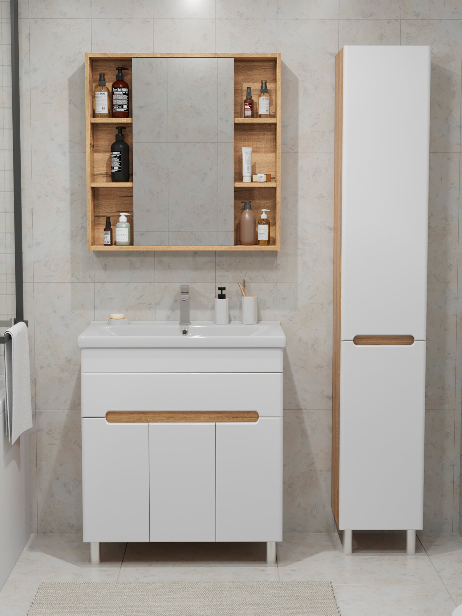 Шкаф напольно-подвесной SanStar Модена для ванной комнаты белый, дуб вотан