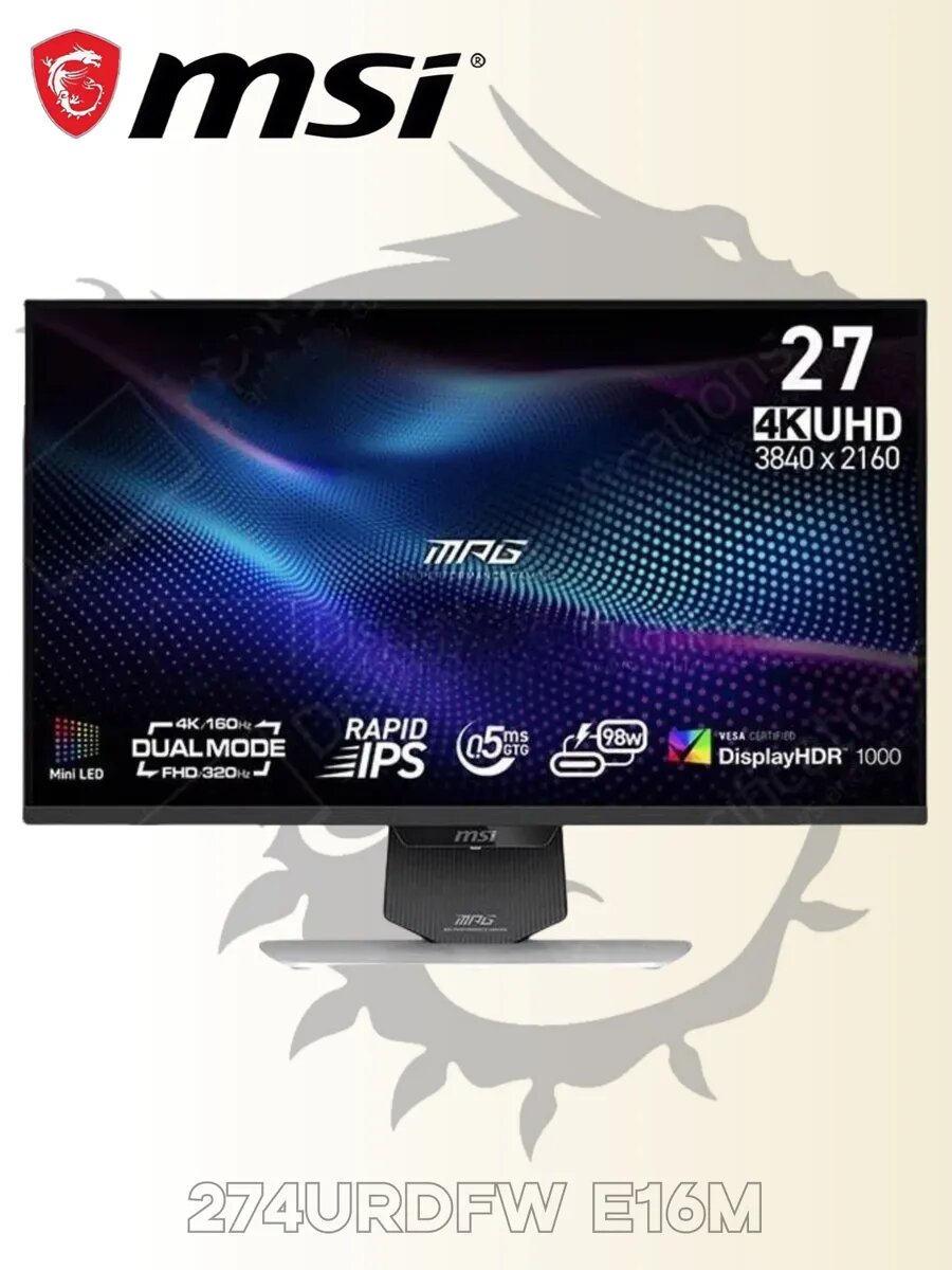 MSI 27" Монитор MPG 274URDFW E16M/IPS/Dual Mode 320Hz/0.5ms (GtG, Min.), черный