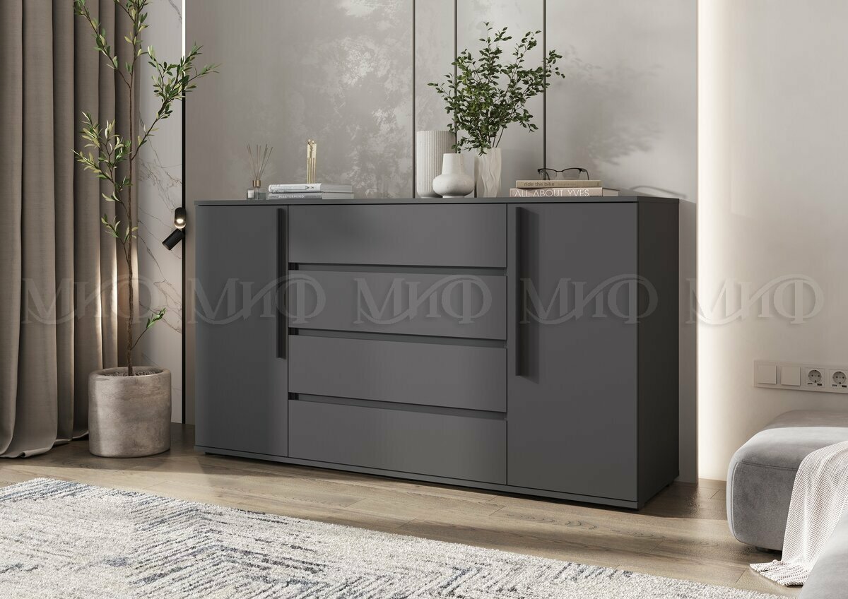 Норд Комод 2 двери 4 ящика (1600 мм) в цвете Графит/Графит, ЛДСП
