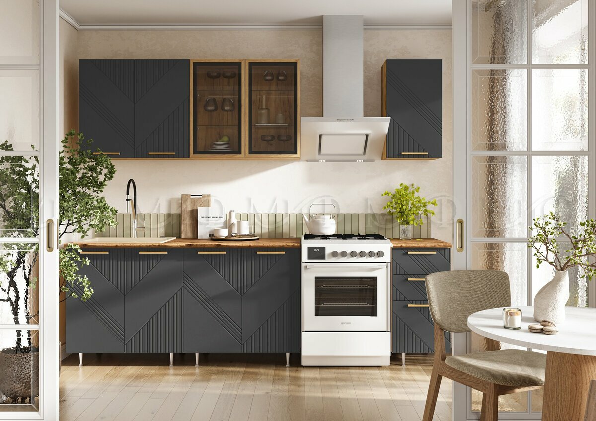 Кухня Ирис 2,0м (490) Компановка №2 (Браш Графит, Дуб Крафт (Дуб вотан))