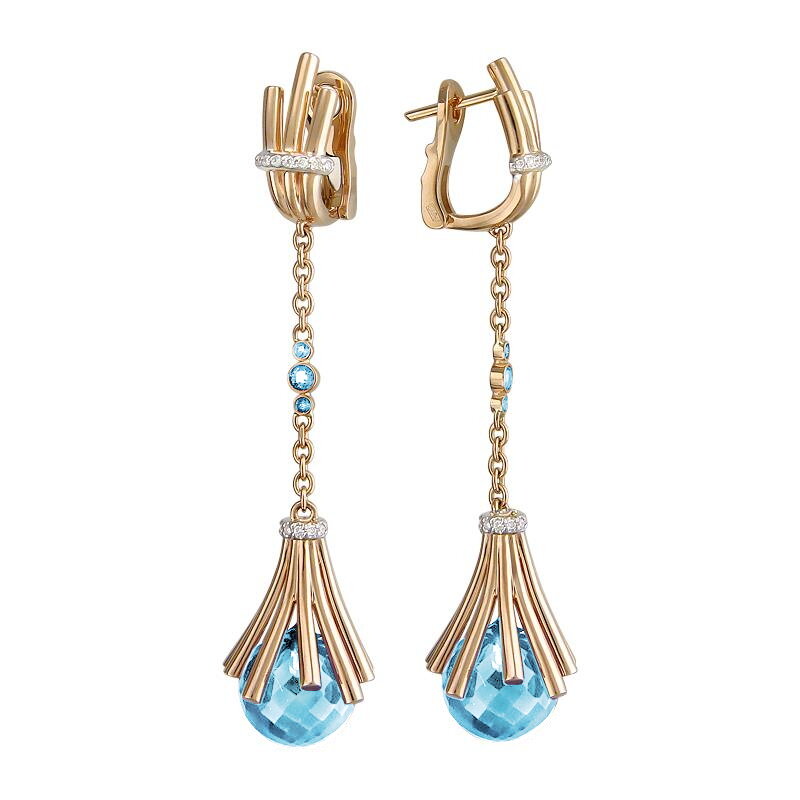Серьги, красное золото, 585 проба, бриллиант, топаз