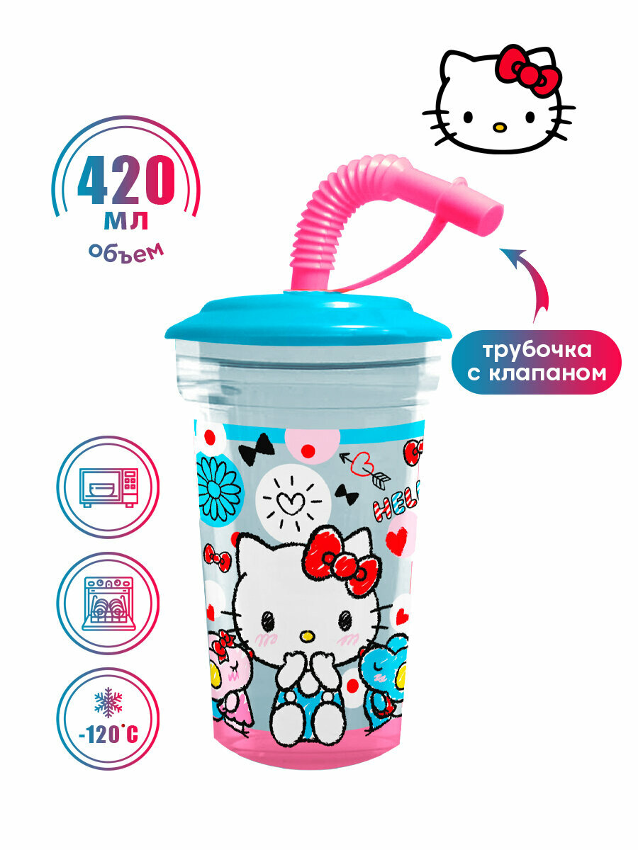 Пластиковый стакан с крышкой, Поильник с трубочкой 420 мл Hello Kitty, дизайн 2 ND Play