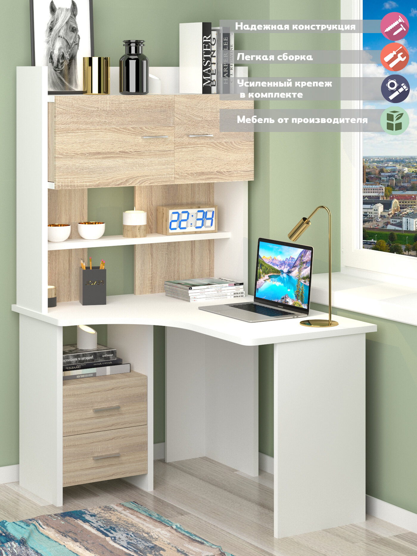 Компьютерный стол Мэрдэс СКЛ-Угл120+СП-23 левый, белый/сонома, 120х100х176 см