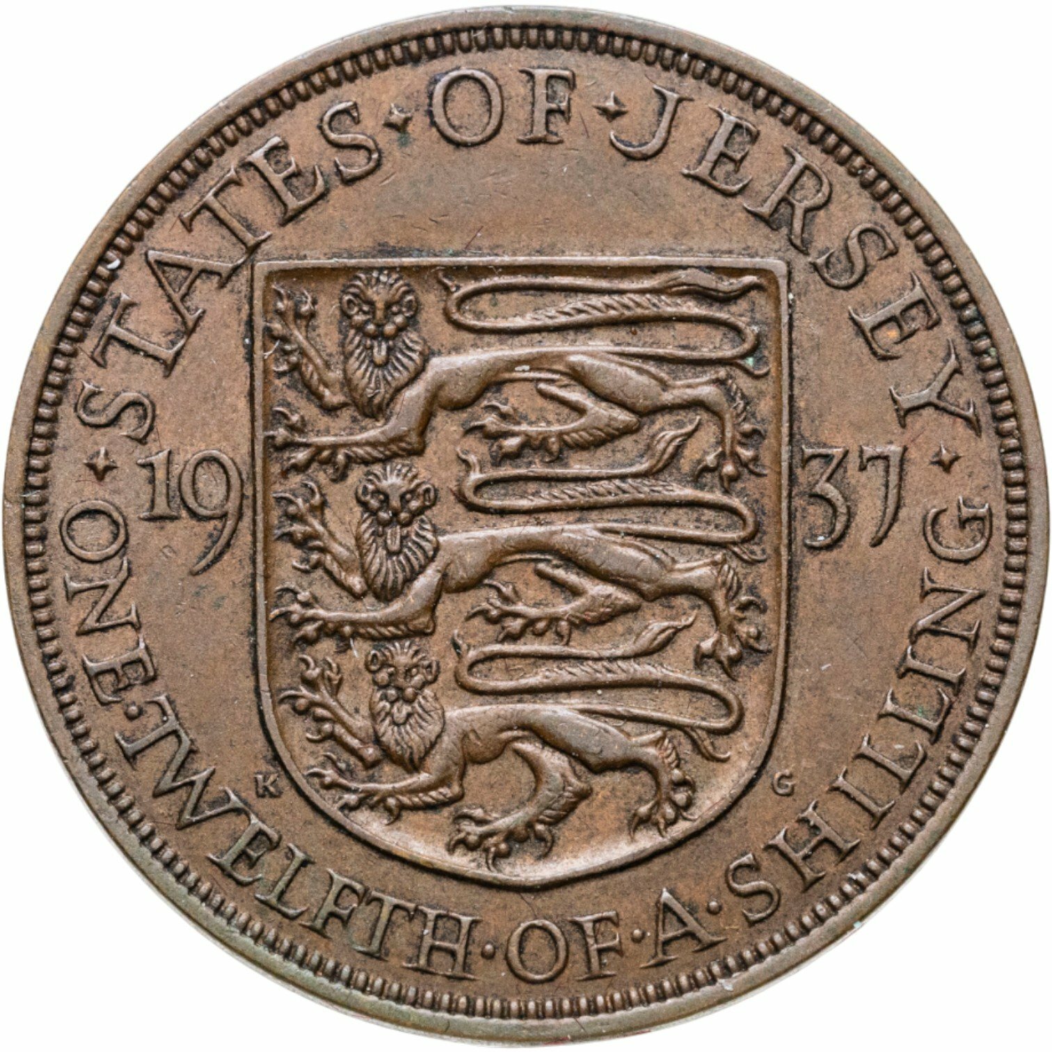 Джерси 1/12 шиллинга shilling 1937, Бронза, в сохранности VF-XF
