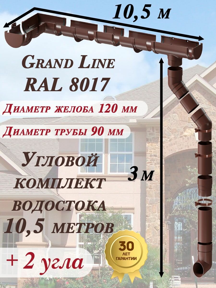 Комплект водосточной системы Grand Line на 10.5 м карниза угловой (120мм/90мм) коричневый для вальмовой кровли с двумя универсальными углами, водосток Гранд Лайн (RAL 8017 шоколад) ПВХ