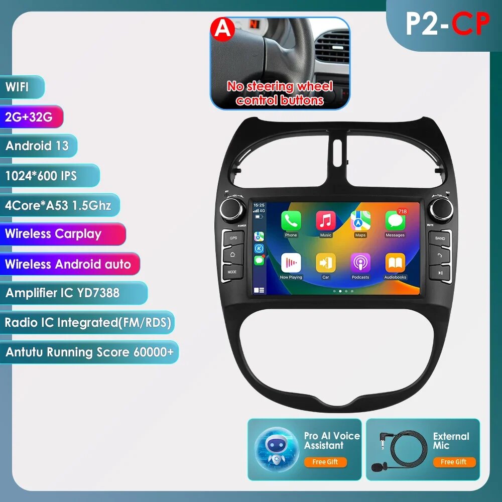 Автомагнитола Carplay, 2DIN, Android, для PEUGEOT 206 206CC 206SW 2000-2008, мультимедиа, P2-CP A