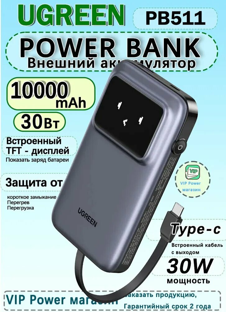 Внешний аккумулятор UGREEN PB511 (35603B) UNO 10000mAh Charging 30W, серый